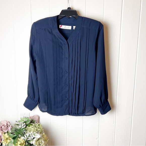 Chaus | Tops | Vintage 98s Chaus Pleated Navy Blue Blouse | Poshmark